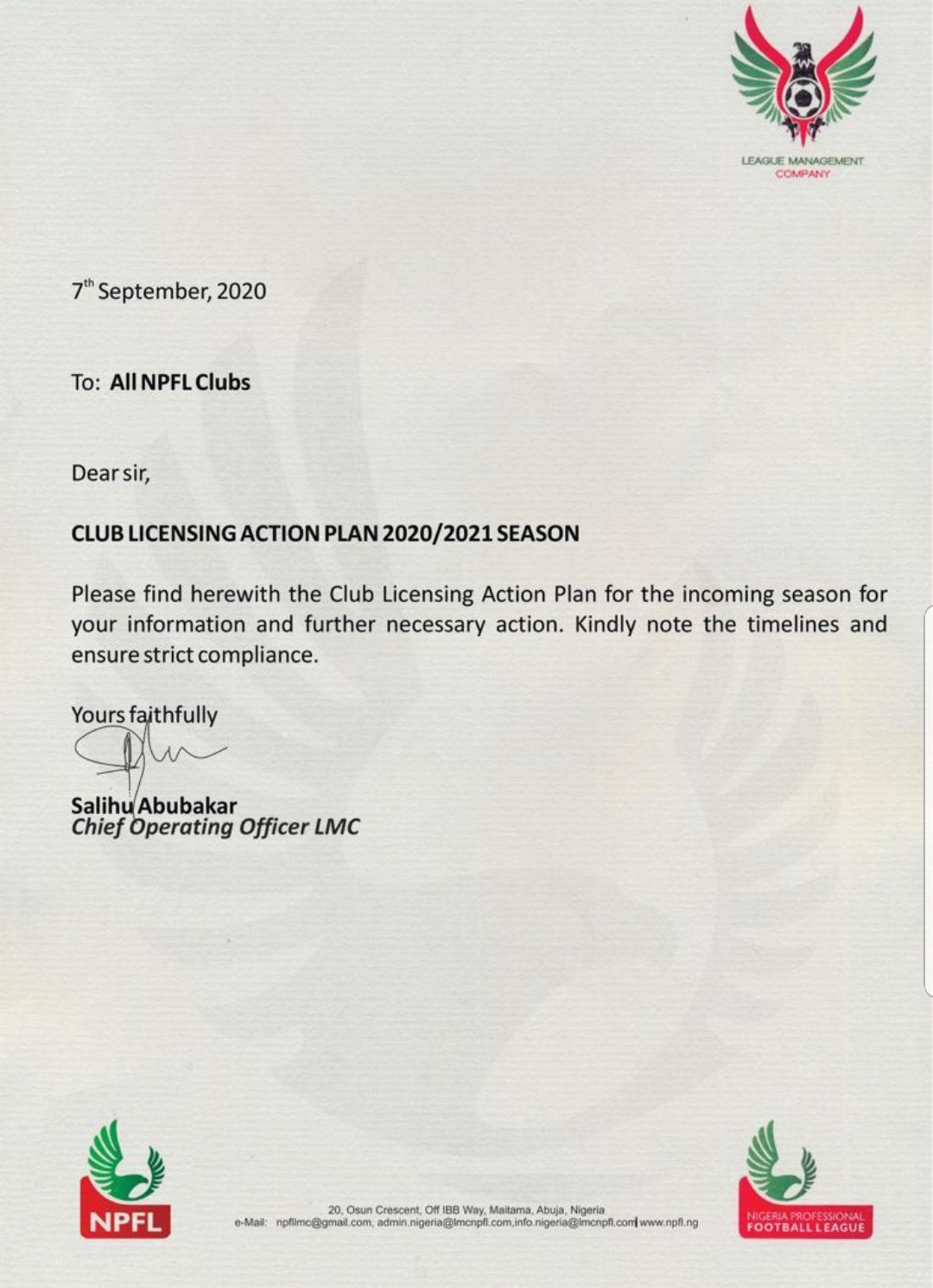 LMC Ask All NPFL Participating Clubs To Submit Licensing Application ...