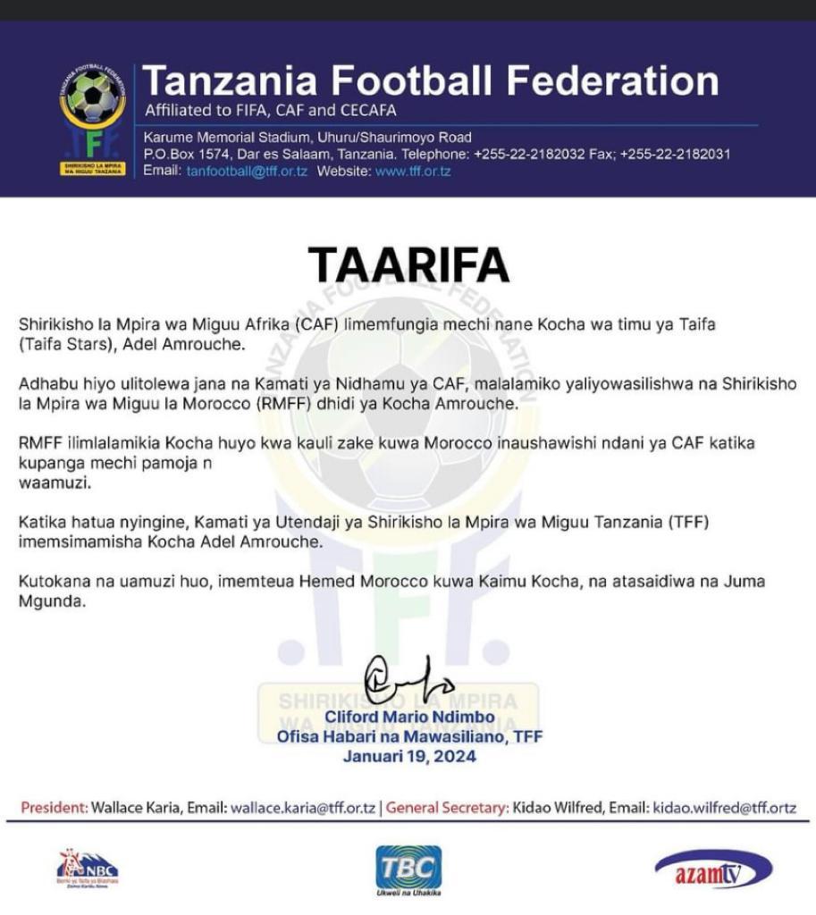 AFCON 2023: CAF, Tanzania FA Suspend Amrouche Over Comment
