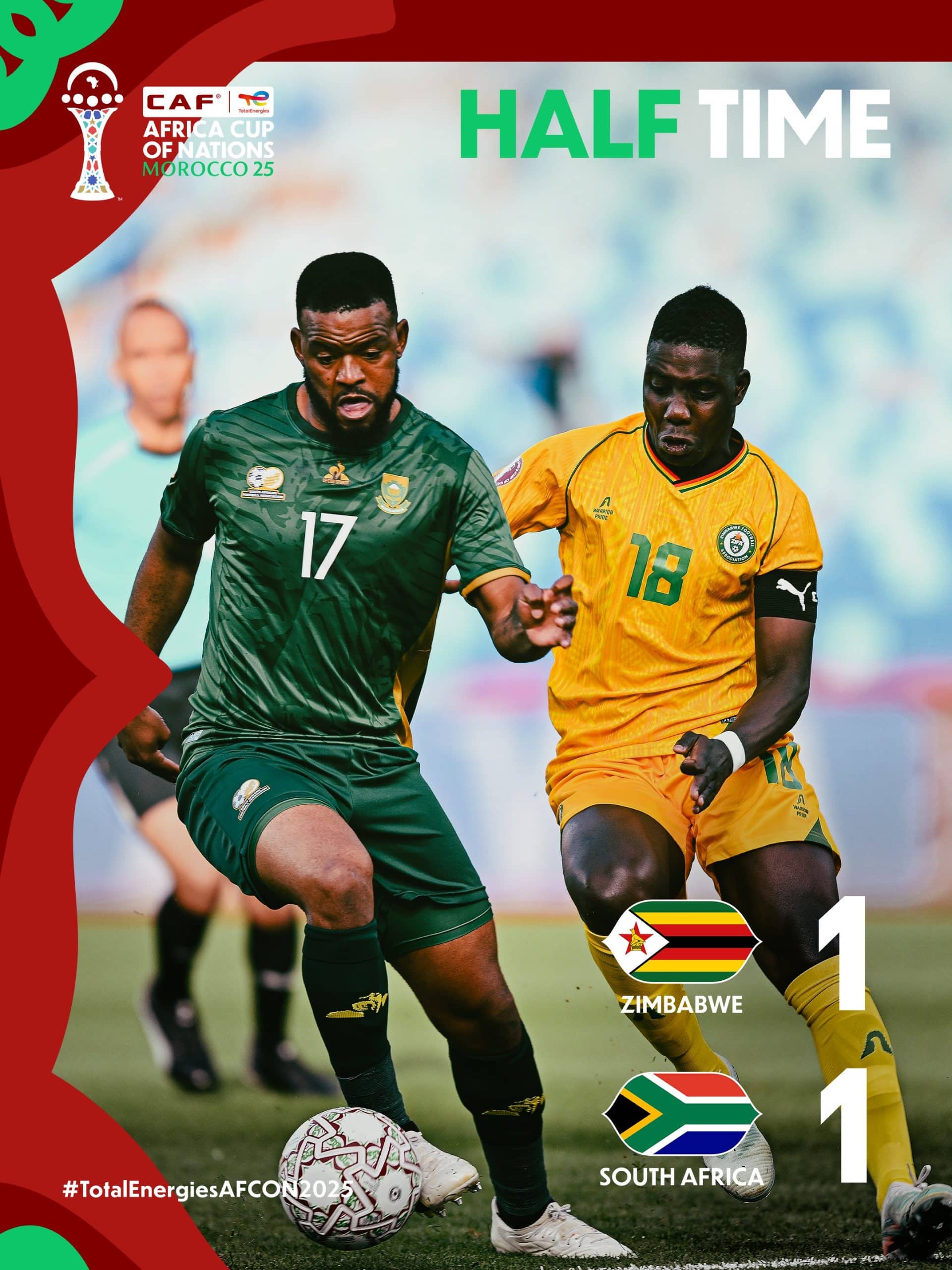 AFCON 2025: Bafana and Warriors Deadlocked 1–1 at the Break